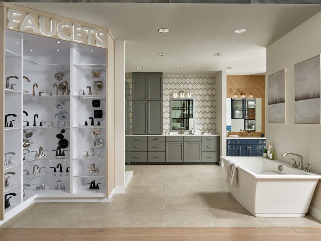 Bathroom displays with tile, faucets and lighting selections.